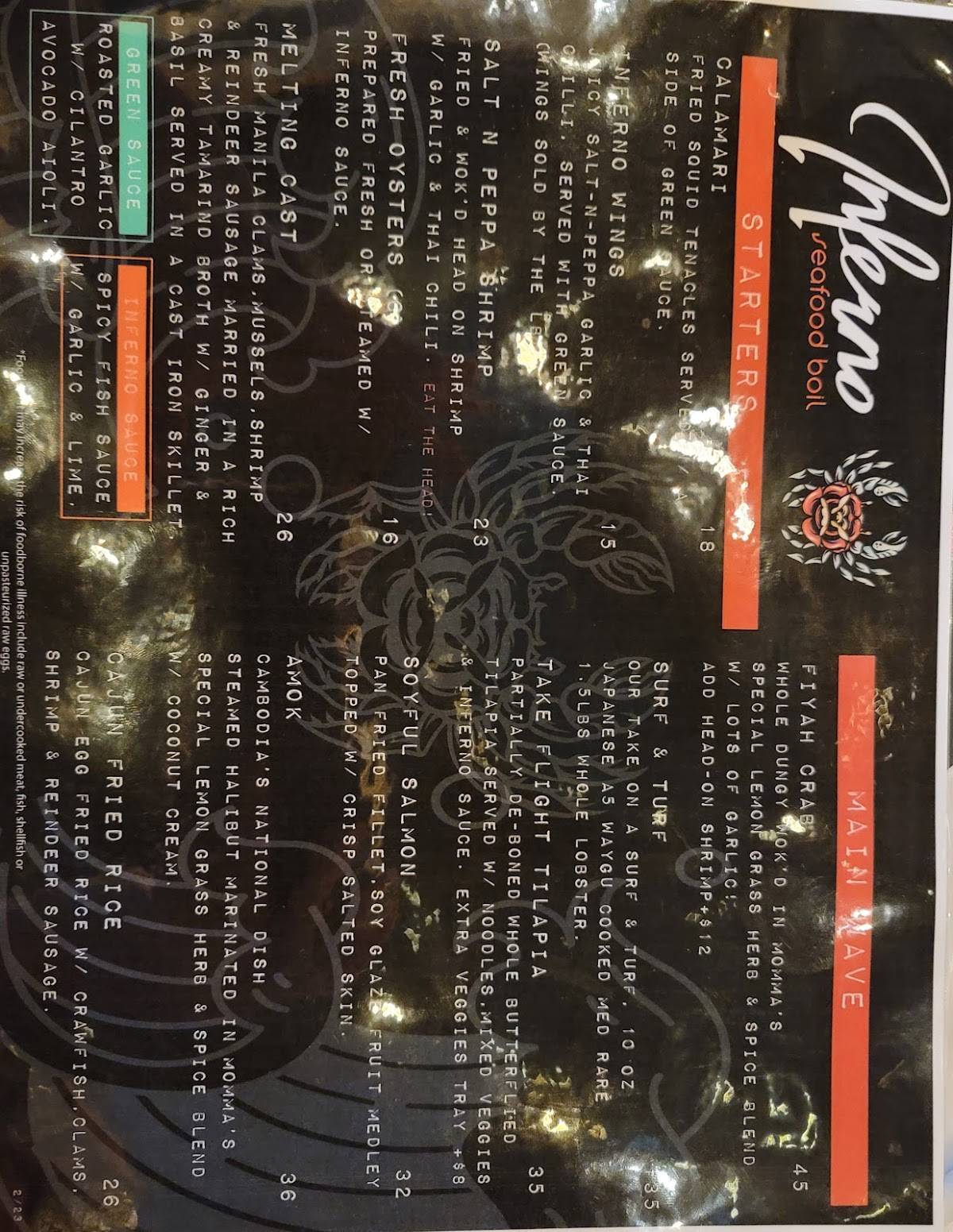 Menu at Inferno Seafood Boil restaurant, Anchorage