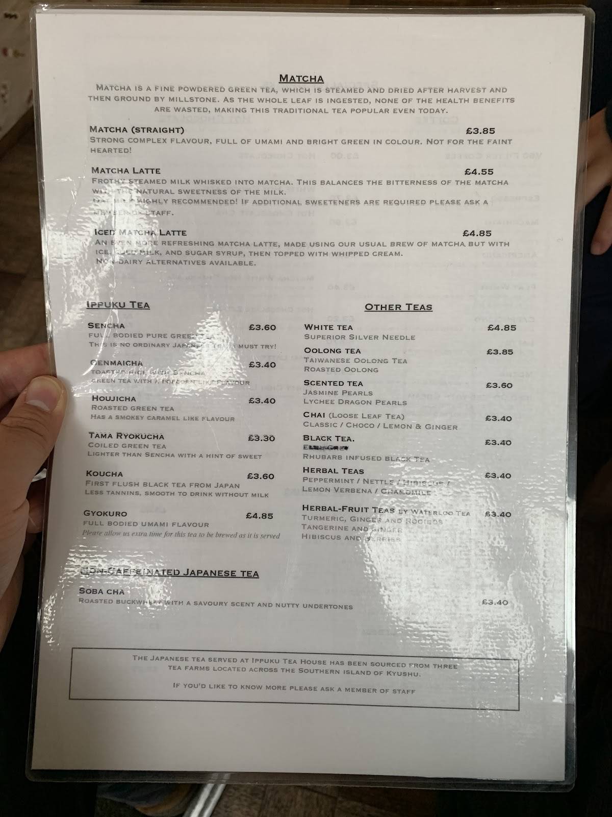 Menu at Ippuku Tea House cafe, York