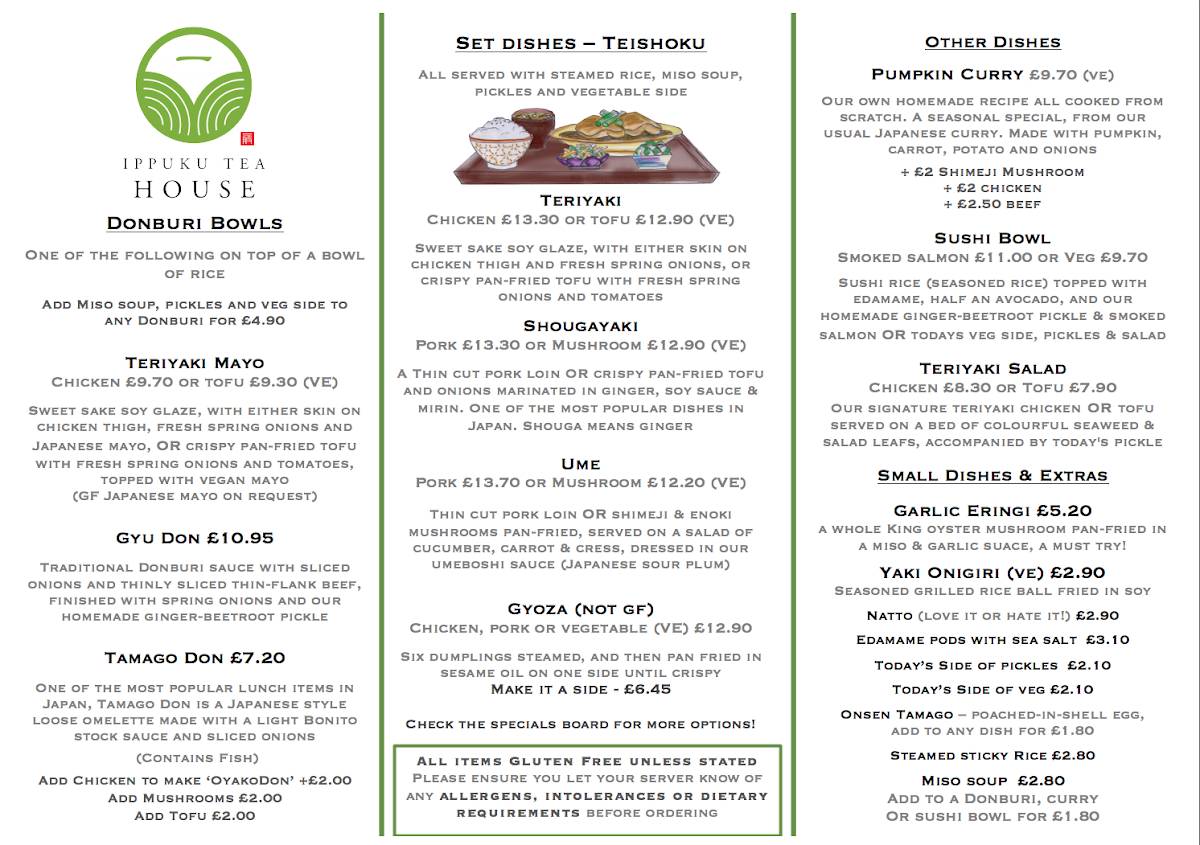 Menu at Ippuku Tea House cafe, York