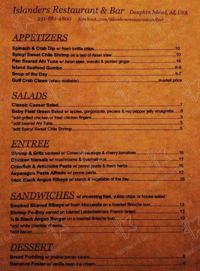 Menu at Islanders Restaurant & Bar, Dauphin Island