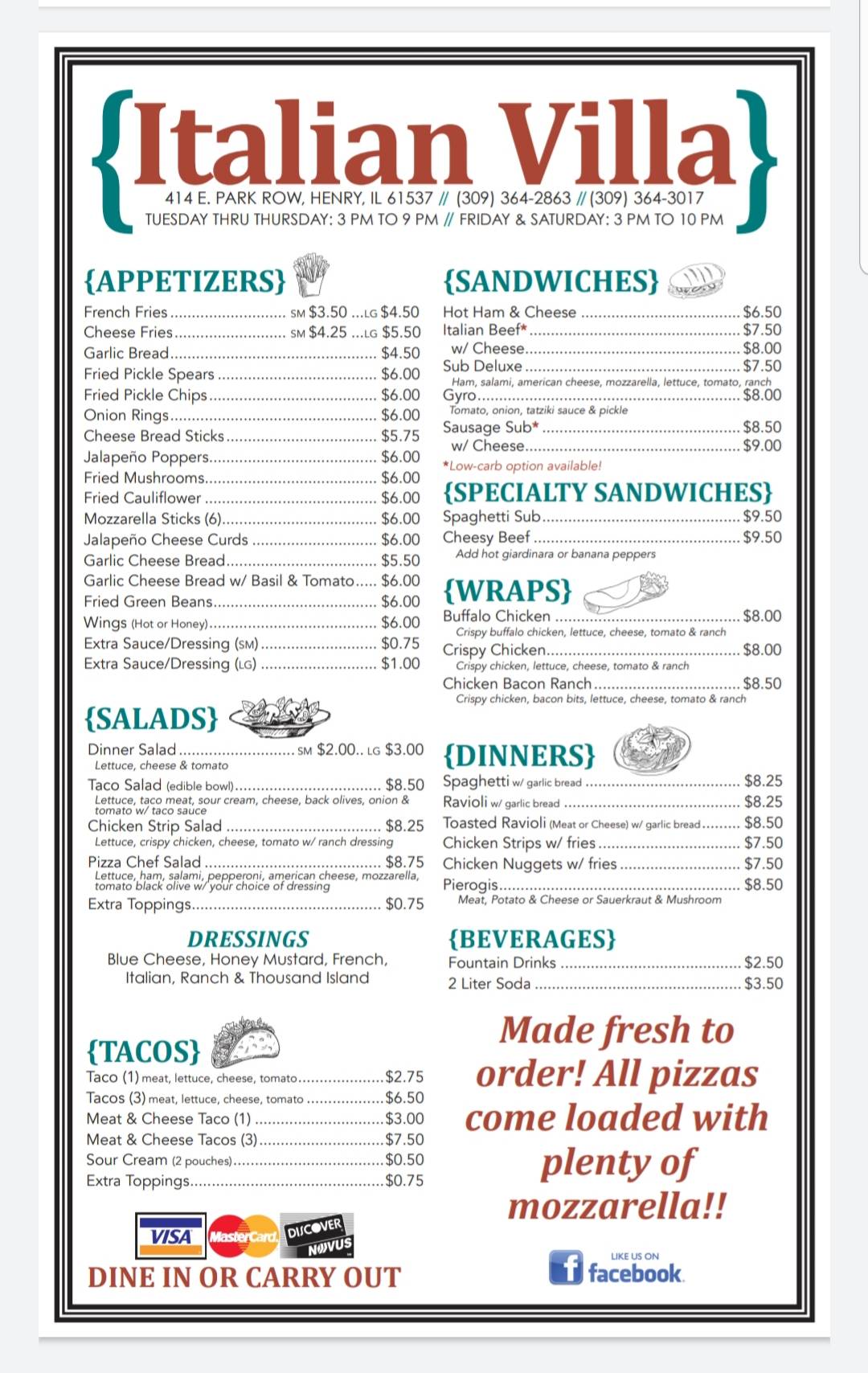 Menu at Italian Villa pizzeria, Henry