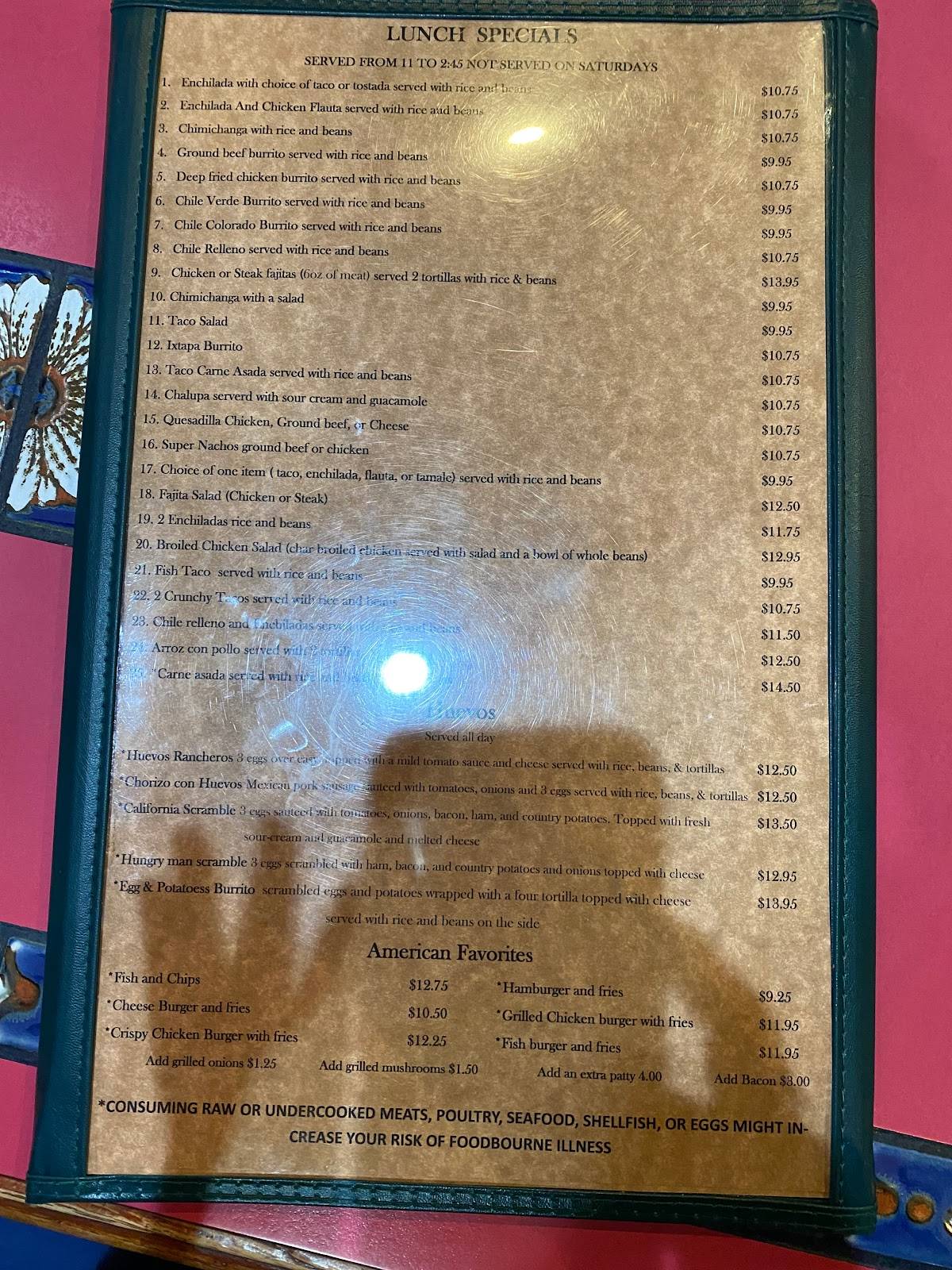 Menu at Ixtapa Restaurant, Sultan