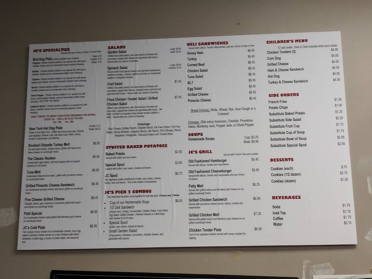 Menu at J C's Sandwich Shoppe restaurant, Anderson