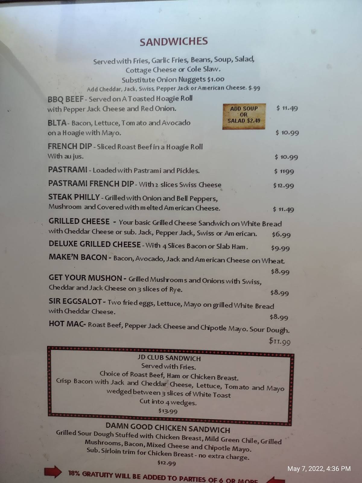 Menu at J D Slinger's Steakhouse, Fallon