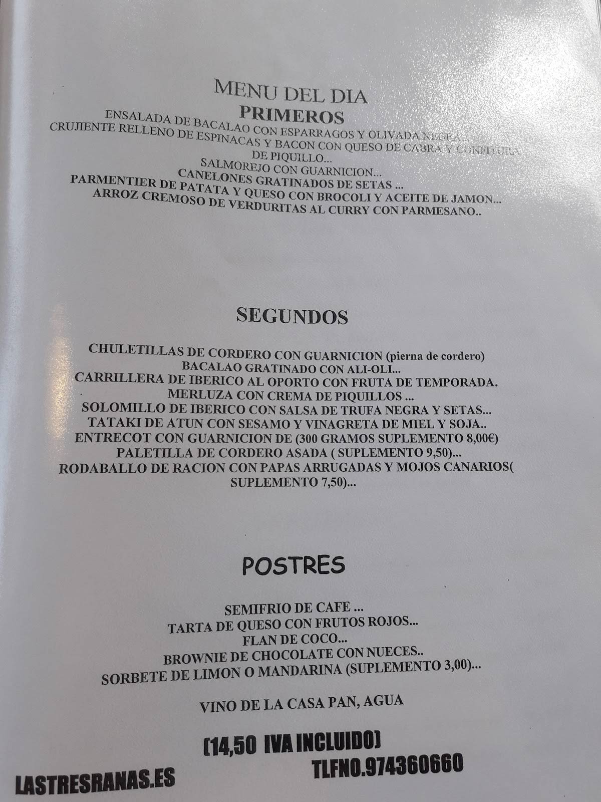 Carta de Restaurante Las 3 Ranas, Jaca