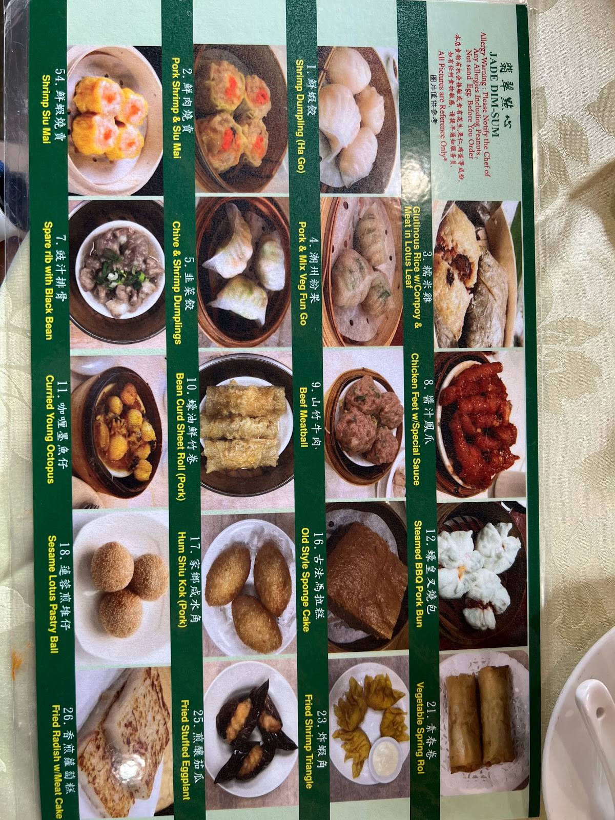 Menu at Jade Dim Sum restaurant, Mississauga