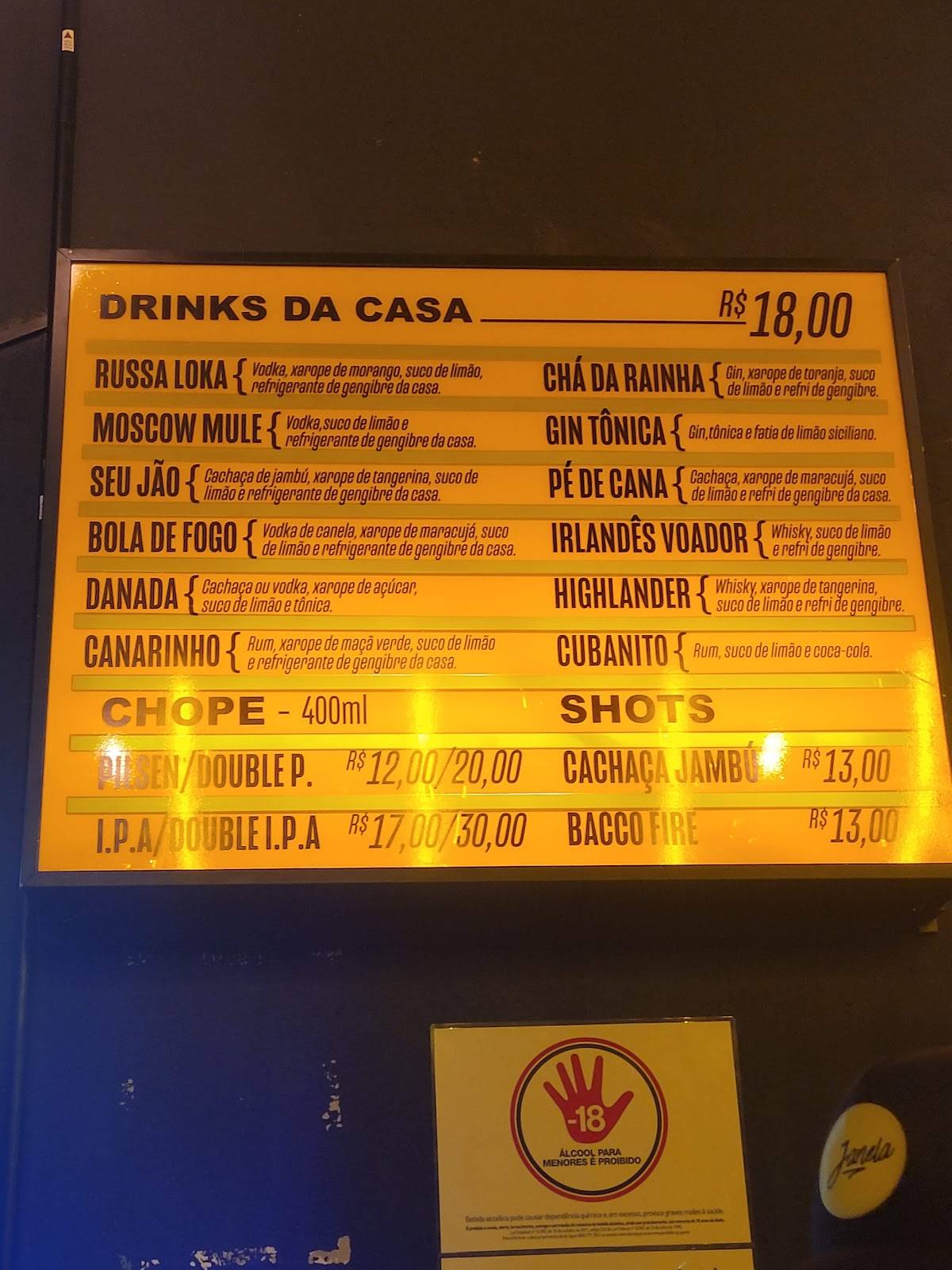 Menu em Janela Bar Tatuapé, São Paulo