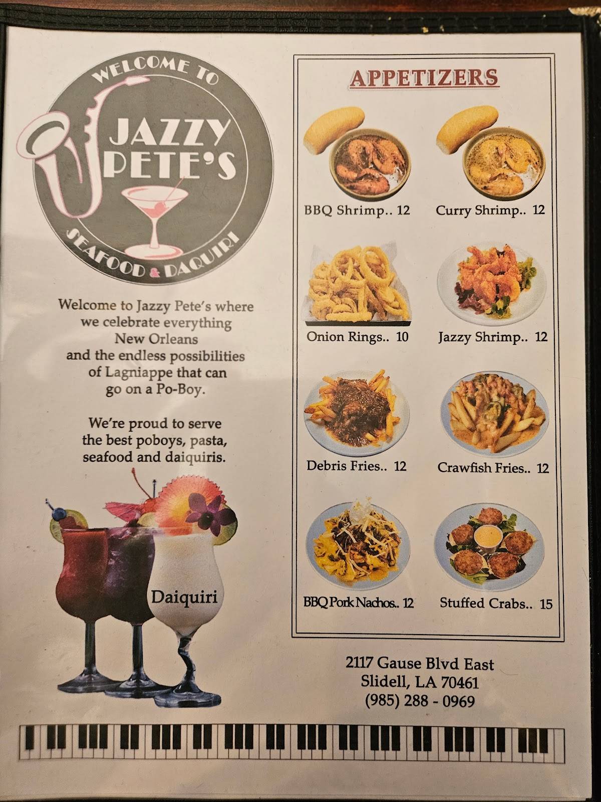 Menu at Jazzy Pete's Poboys restaurant, Slidell