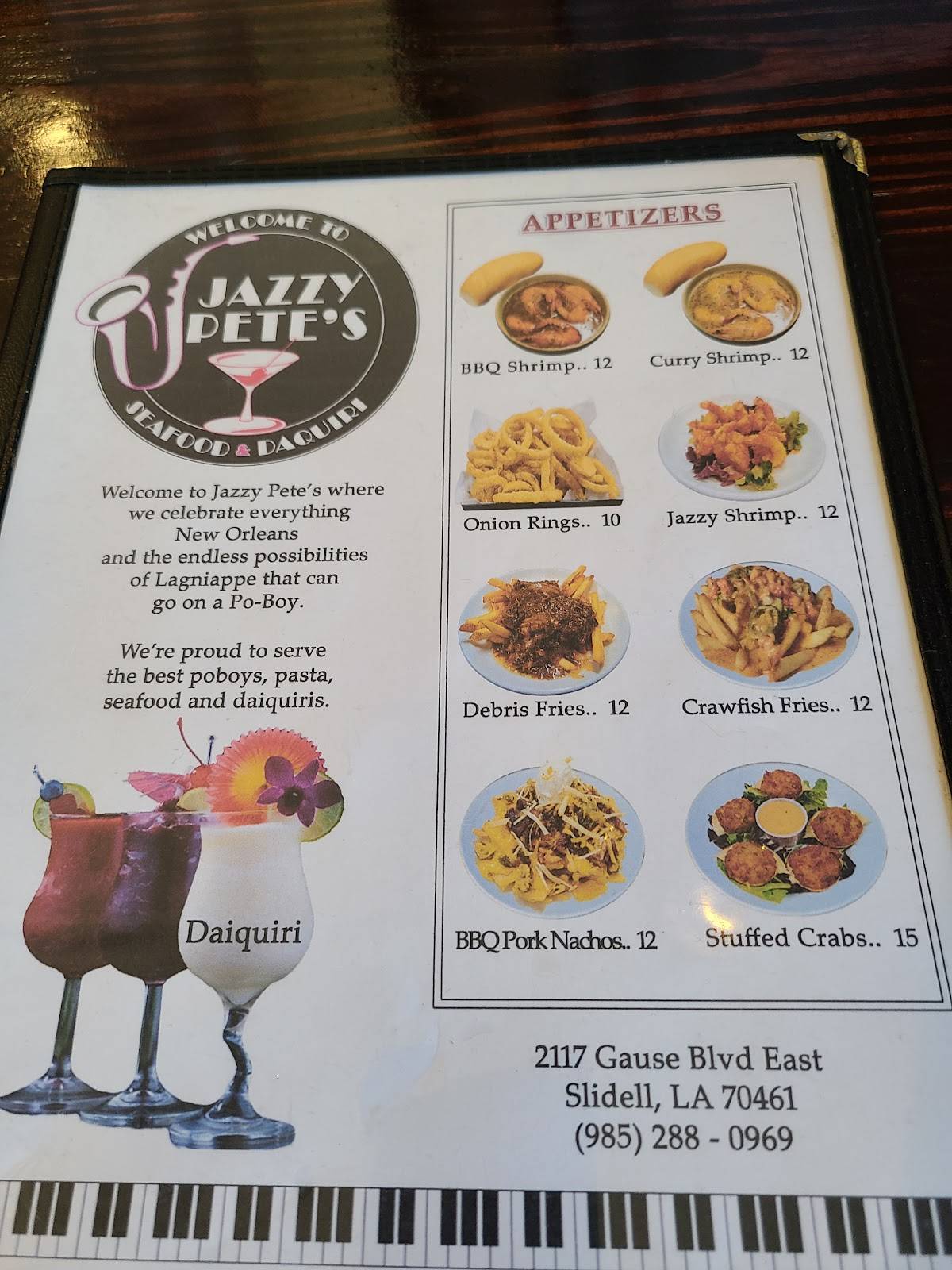 Menu at Jazzy Pete's Poboys restaurant, Slidell