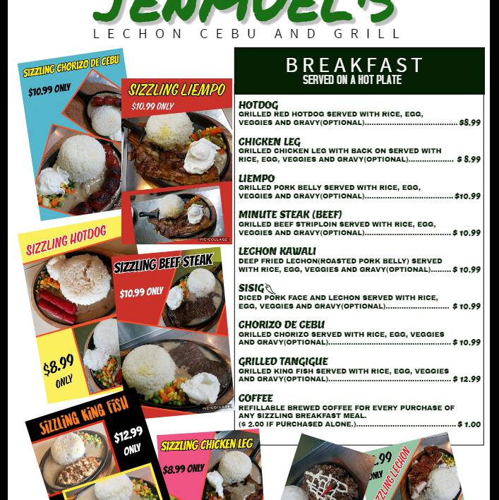 Menu at Jenmuel's Lechon Cebu and Grill restaurant, Winnipeg