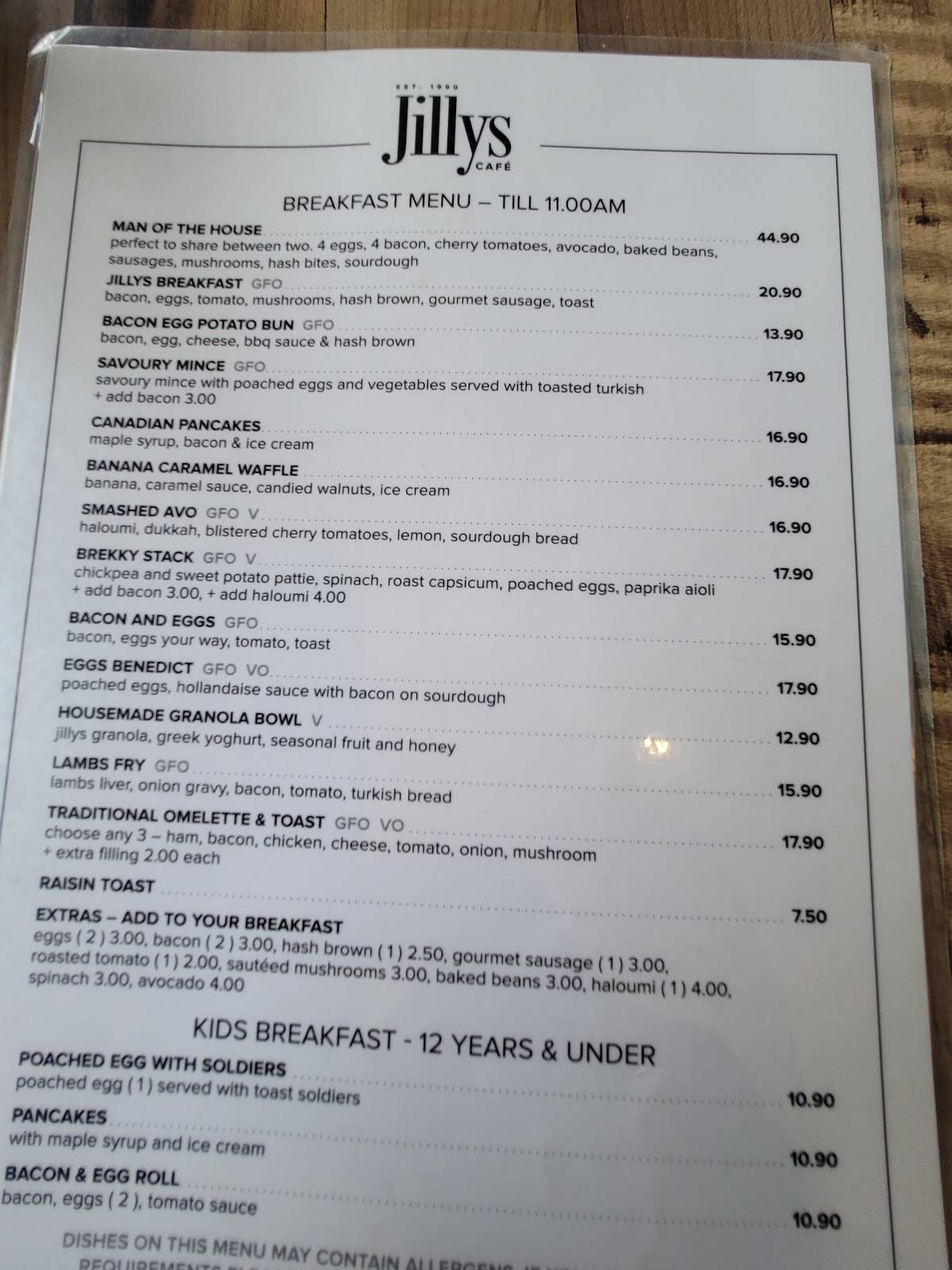 Menu at Jillys Cafe, East Toowoomba
