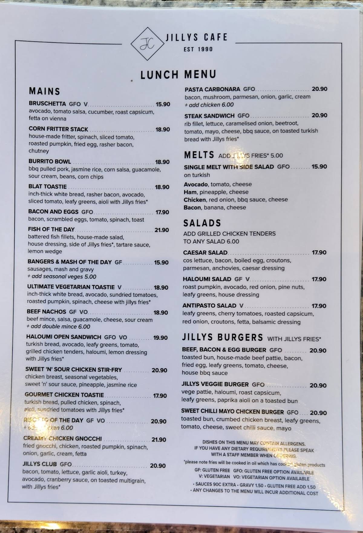 Menu at Jillys Cafe, East Toowoomba