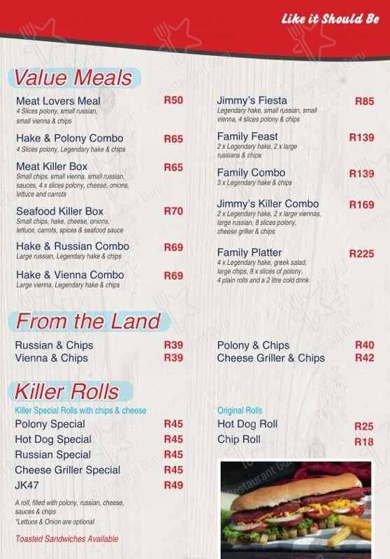 Menu at Jimmys Killer Fish And Chips, Durban, 6 Jubilee Grove