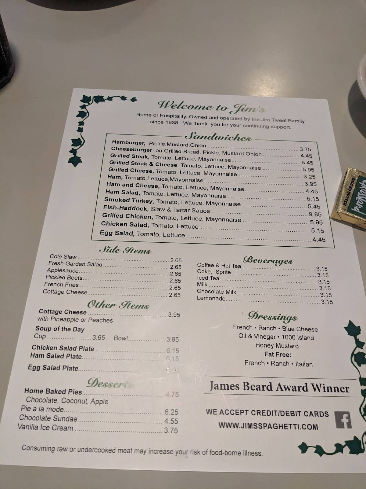 Menu at Jim's Steak & Spaghetti House restaurant, Huntington