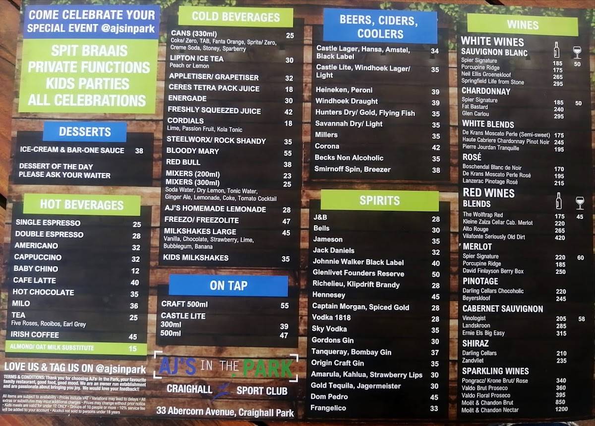 Menu at AJ's In The park restaurant, Randburg, 33 Abercorn Ave