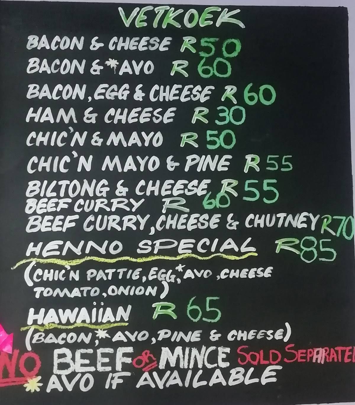 Menu at Vetkoek Paleis restaurant, Johannesburg, 37 Anstruther St