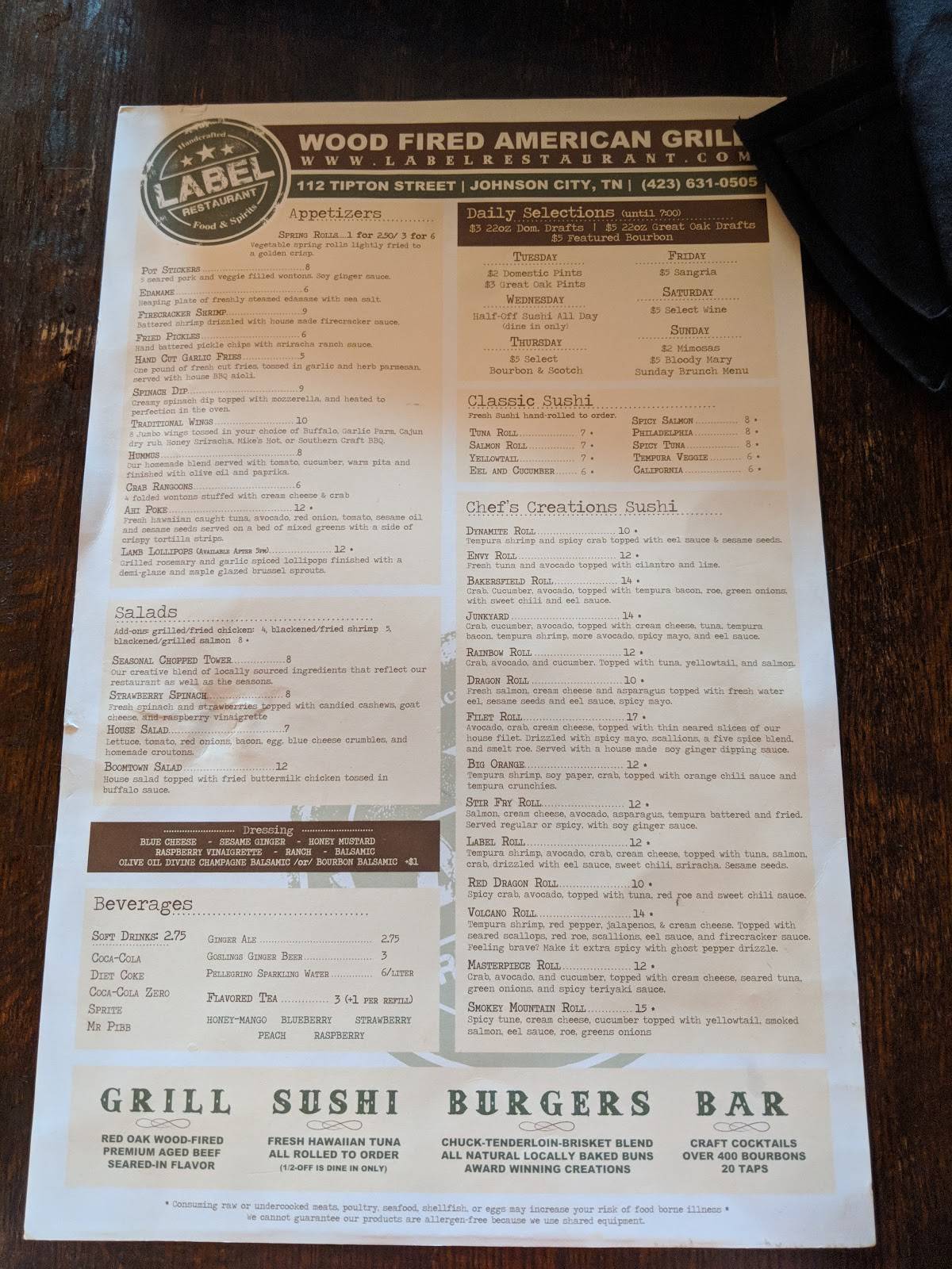 Menu at Label Restaurant, Johnson City