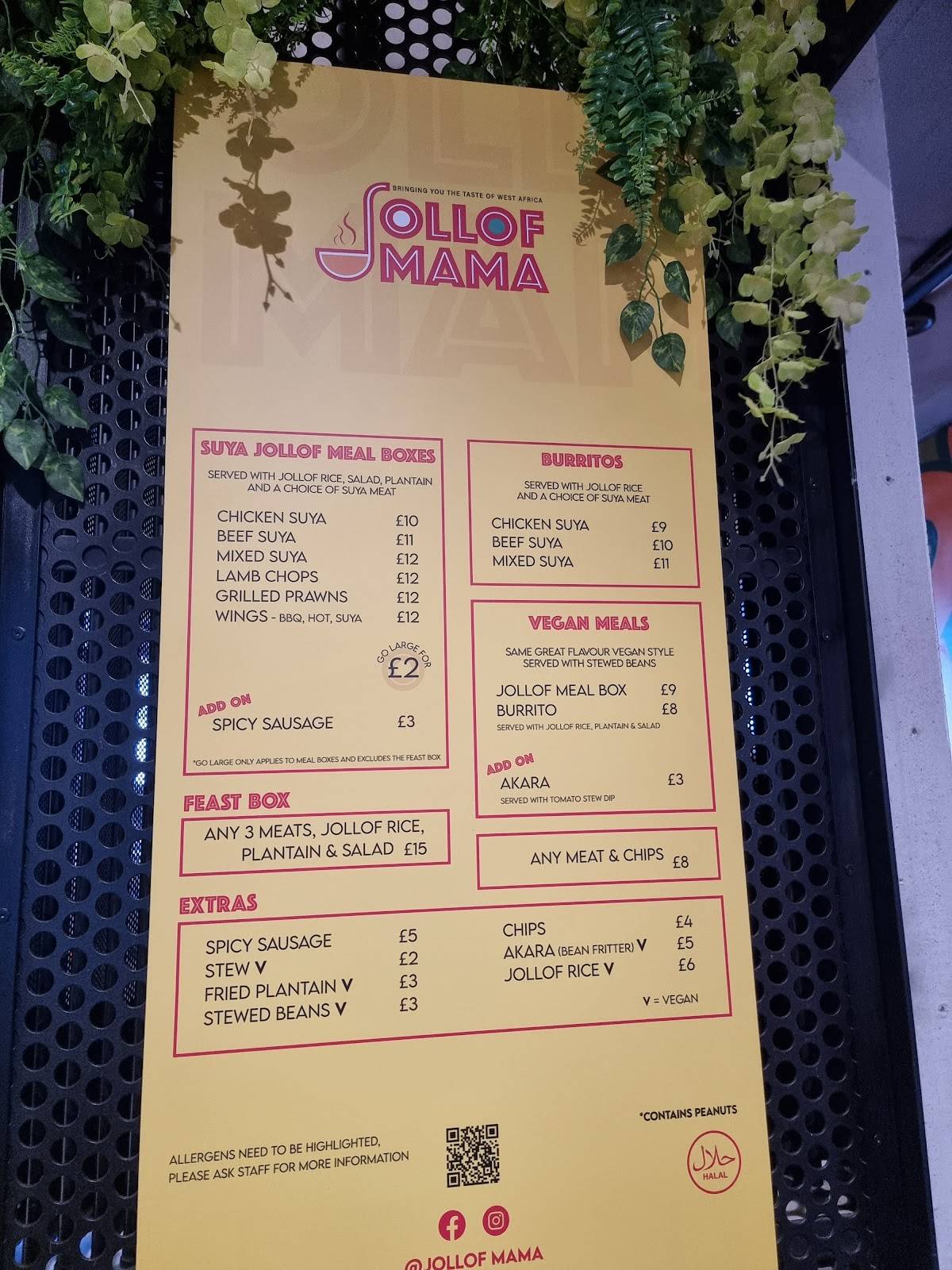 Menu at Jollof Mama restaurant, London