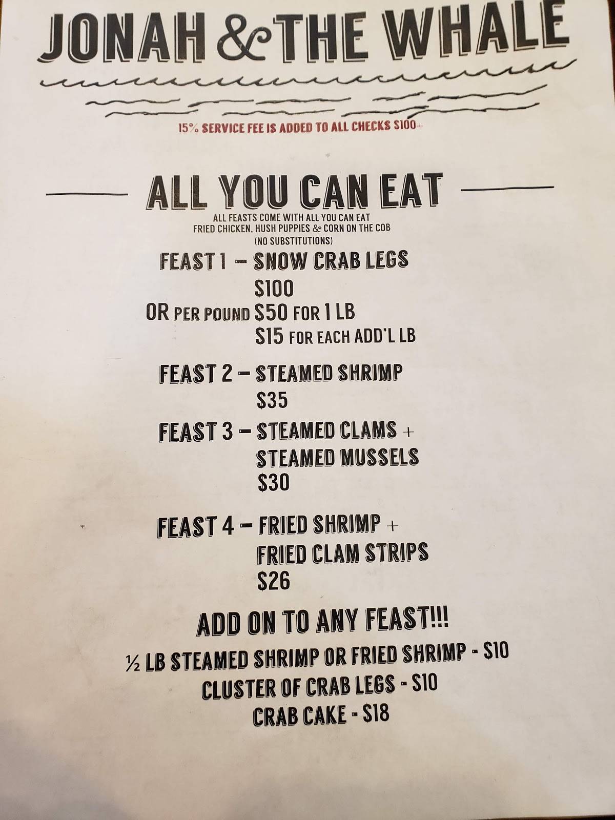 Menu at Jonah and the Whale restaurant, Ocean City