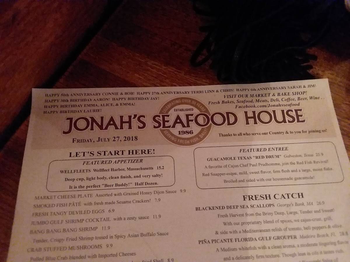 Menu at Jonah's Seafood House, 2601 Oyster Bar, and Market & Bake Shop ...