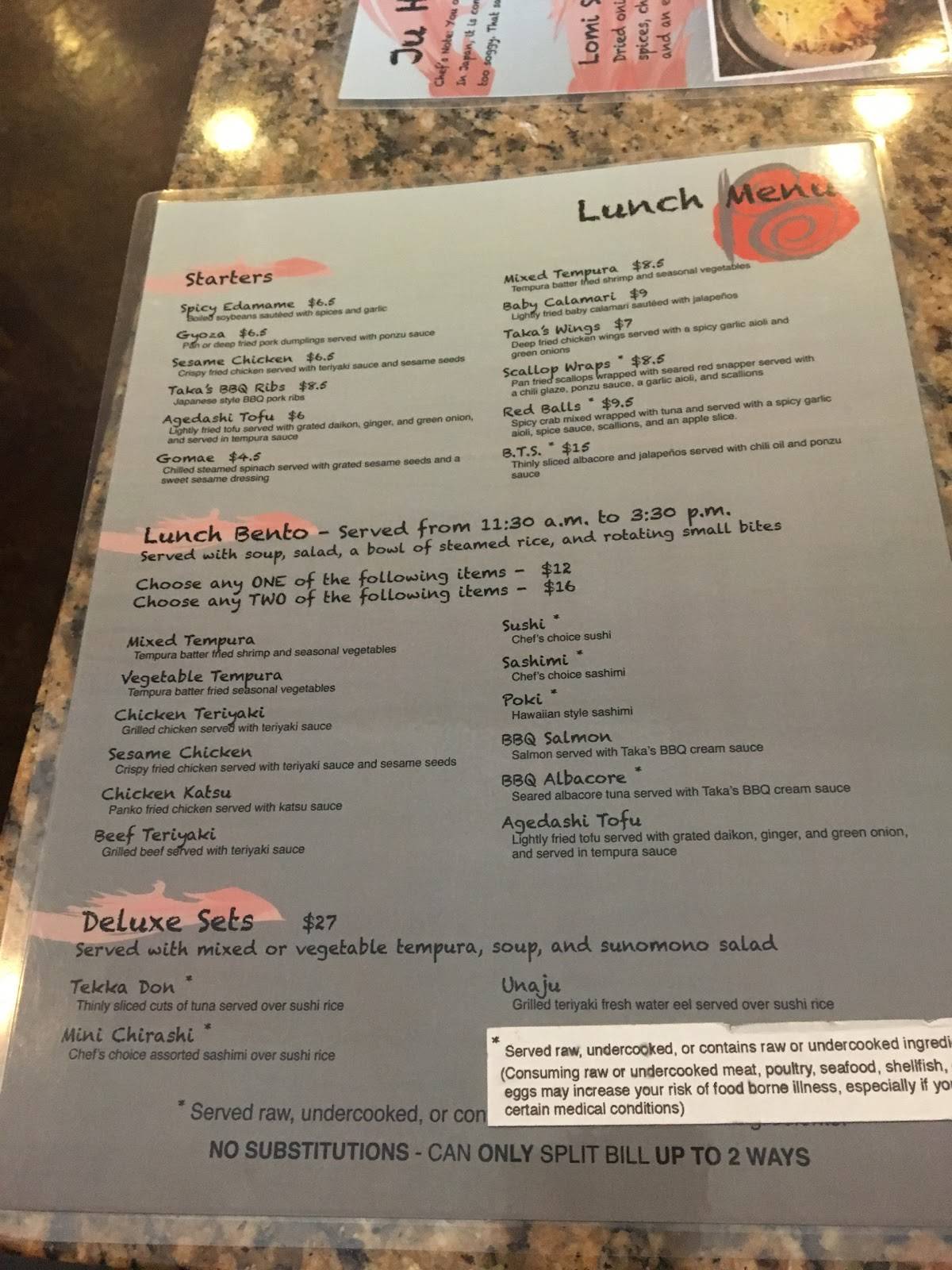 Menu at Ju Hachi restaurant, Sacramento