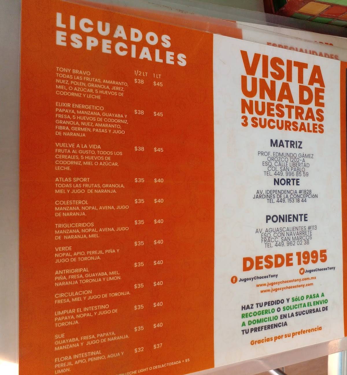 Carta del pub y bar Jugos y Chocos Tony, Aguascalientes, Profesor ...