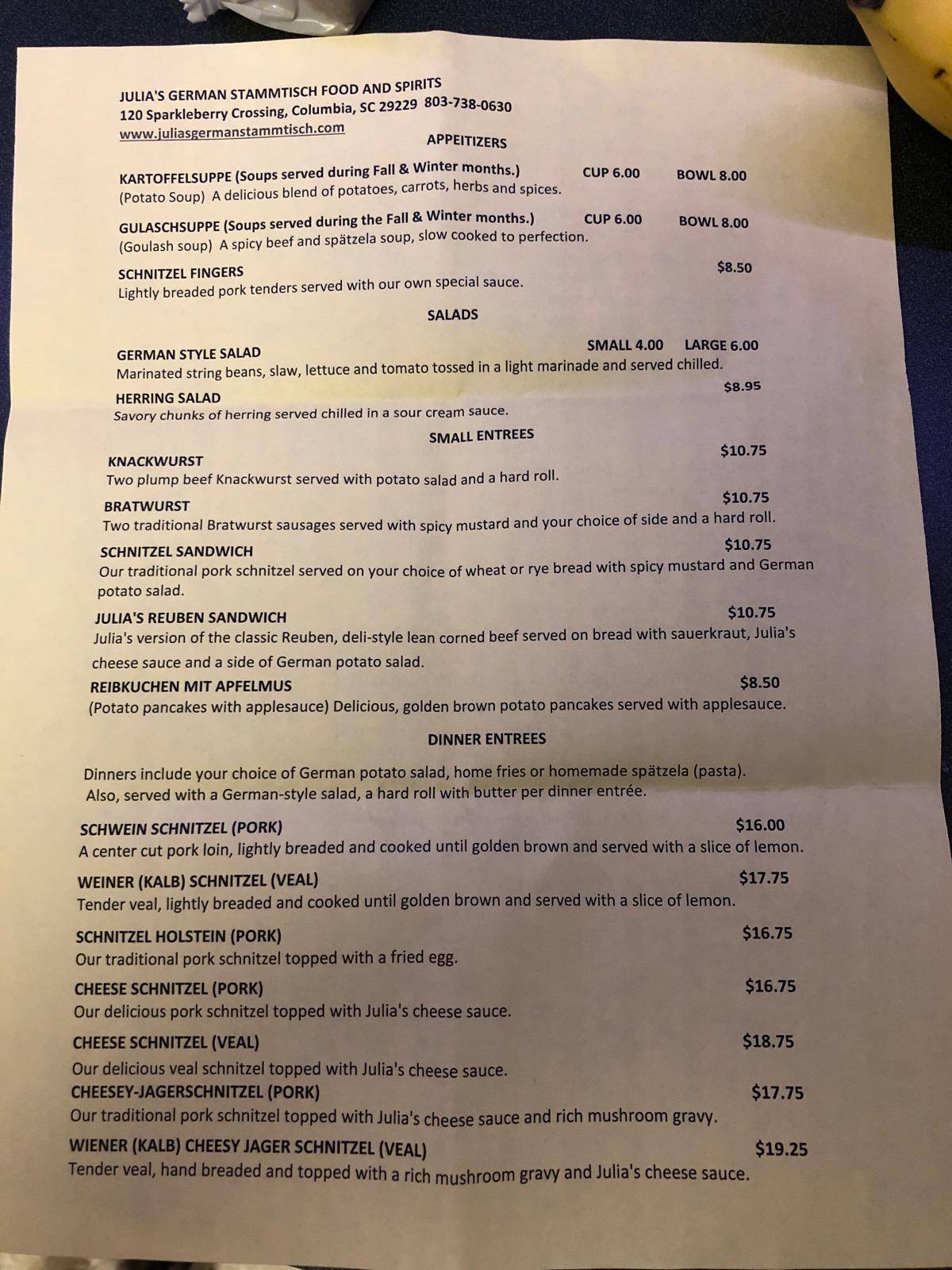 Menu at Julia's German Stammtisch restaurant, Columbia, 120 ...