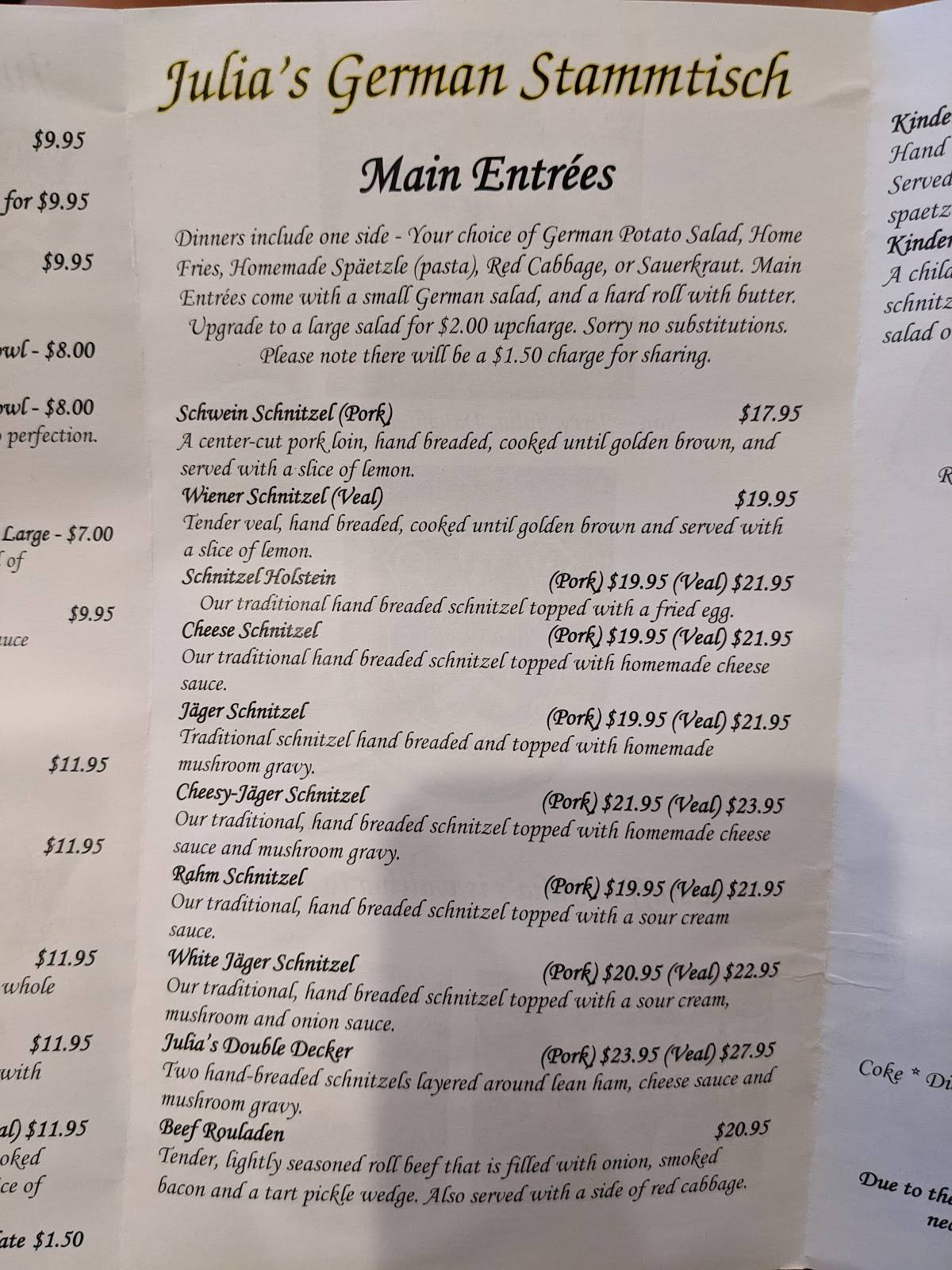 Menu at Julia's German Stammtisch restaurant, Columbia, 120 ...