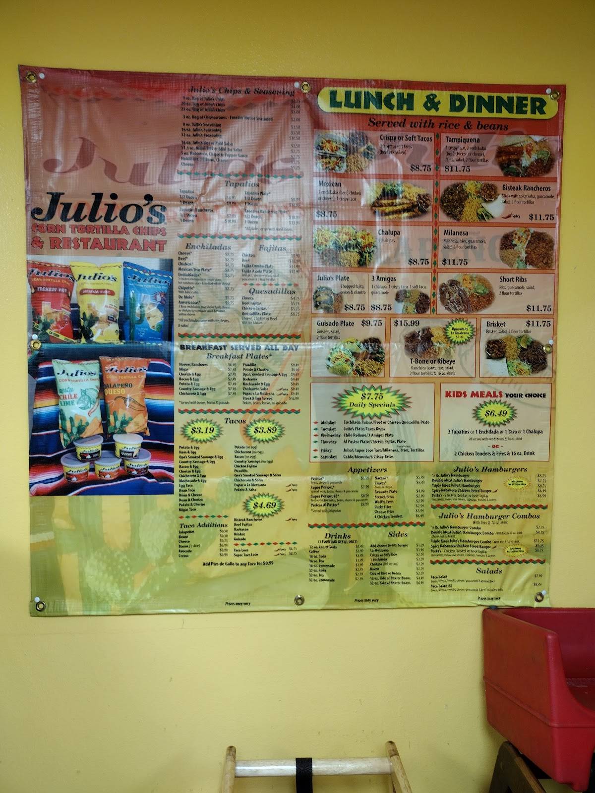 Menu at Julio's Seasoning & Corn Chips restaurant, Del Rio, US-90