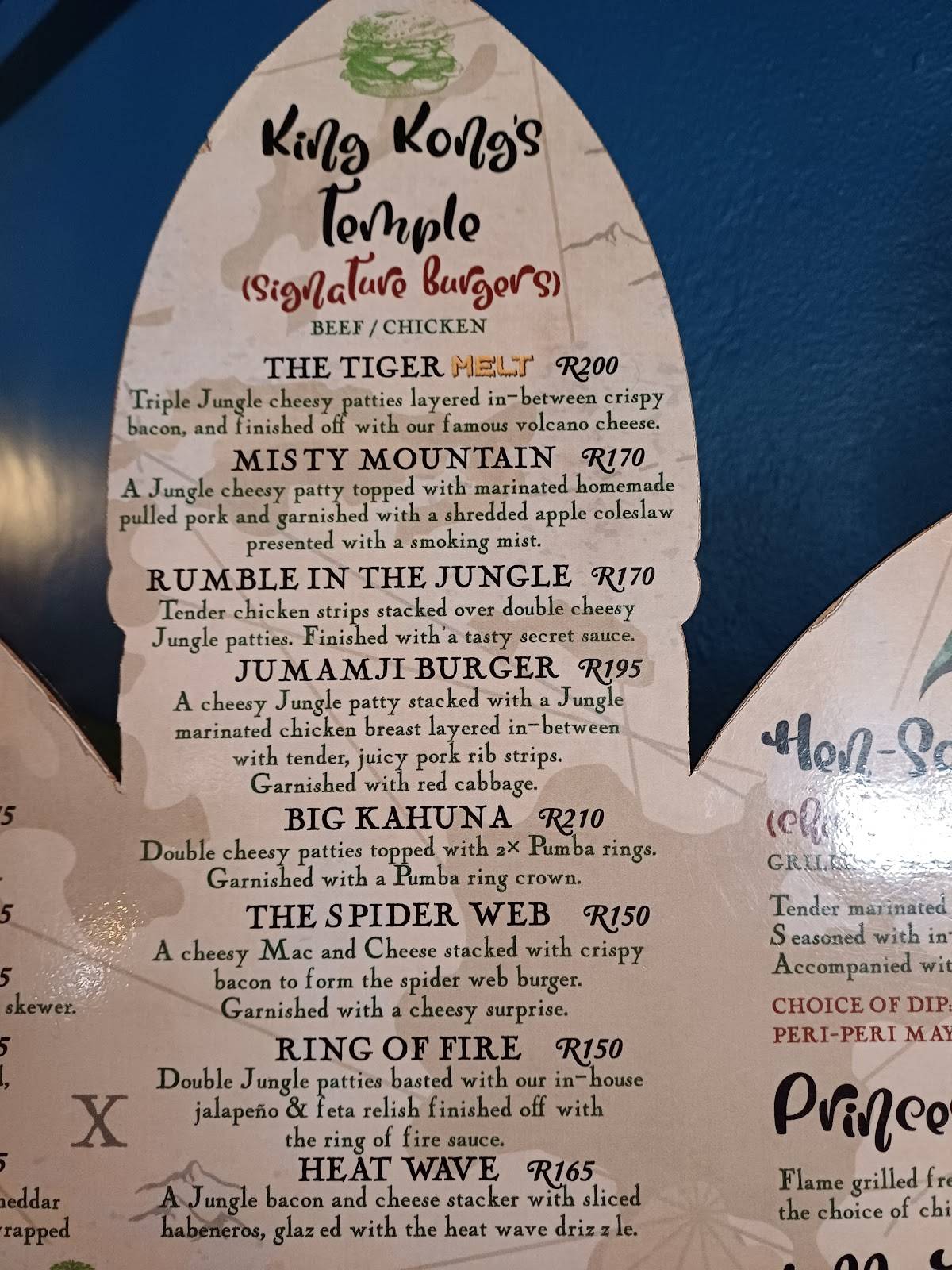 Menu at Jungle restaurant, Johannesburg