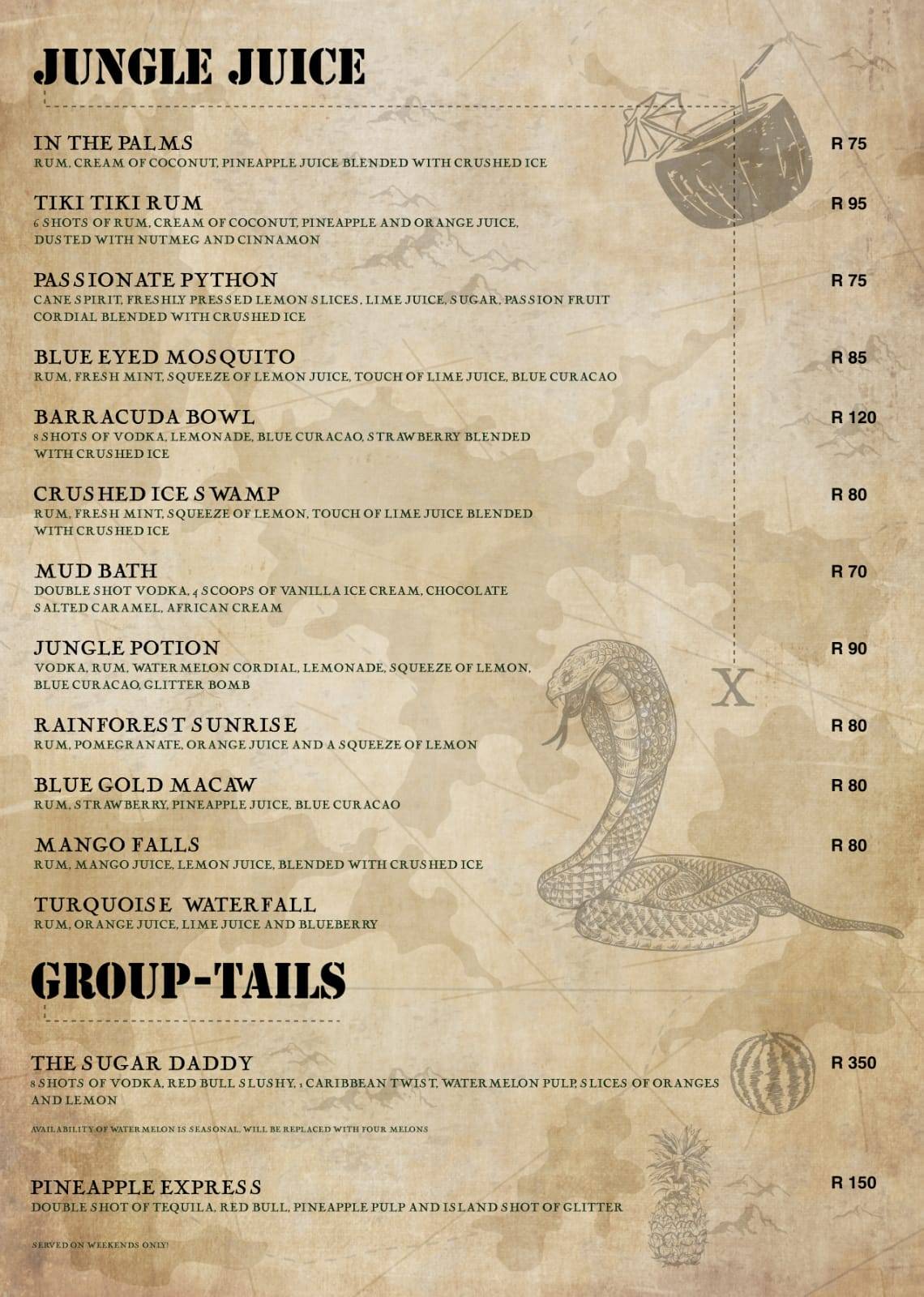 Menu at Jungle restaurant, Johannesburg