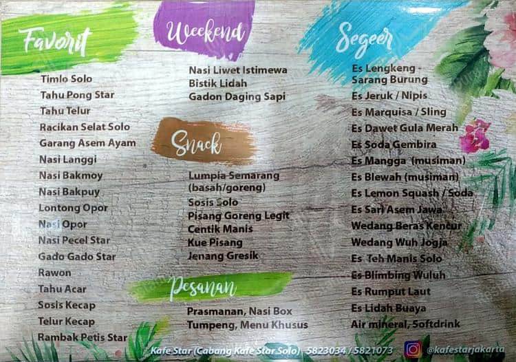 Menu at Kafe Star restaurant, West Jakarta, Jl. Panjang No.20