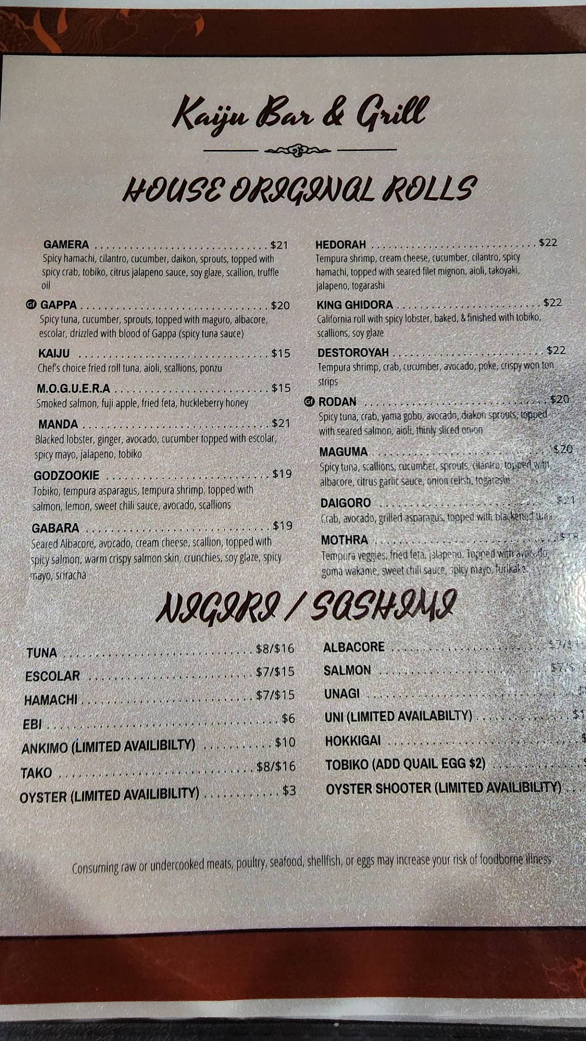 Menu at Kaiju Bar & Grill, Libby