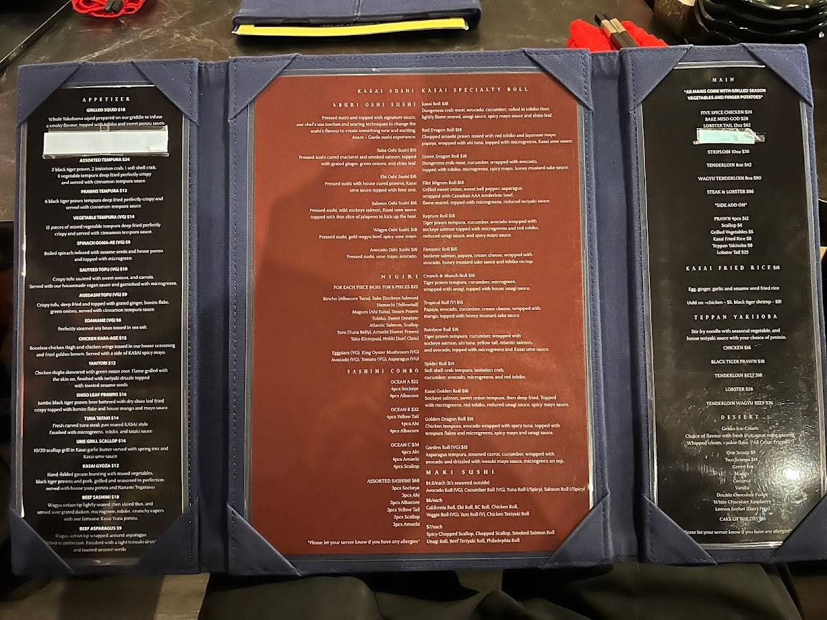 Menu at Kasai Teppanyaki Steak & Sushi House restaurant, Kelowna