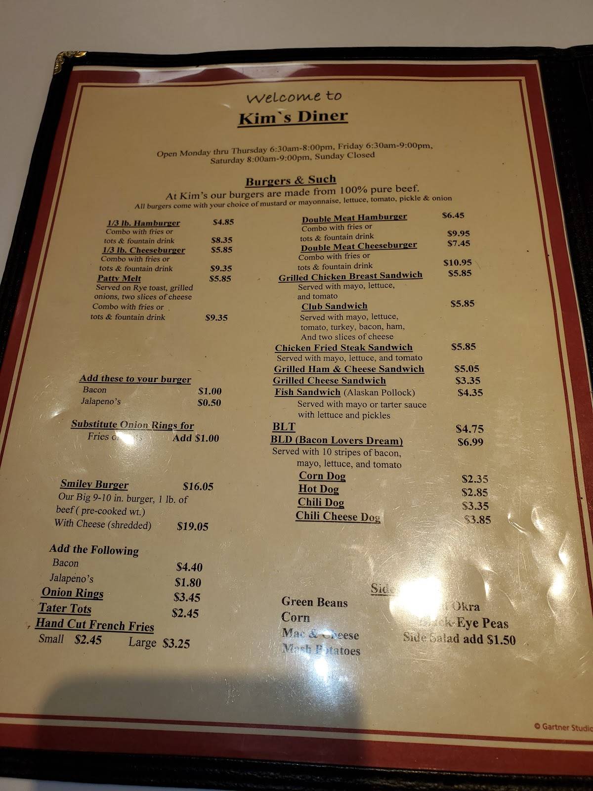 Menu at Kim's Diner cafe, Waco