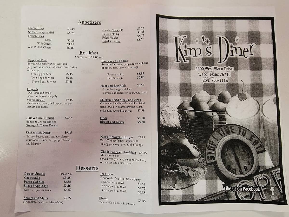 Menu at Kim's Diner cafe, Waco