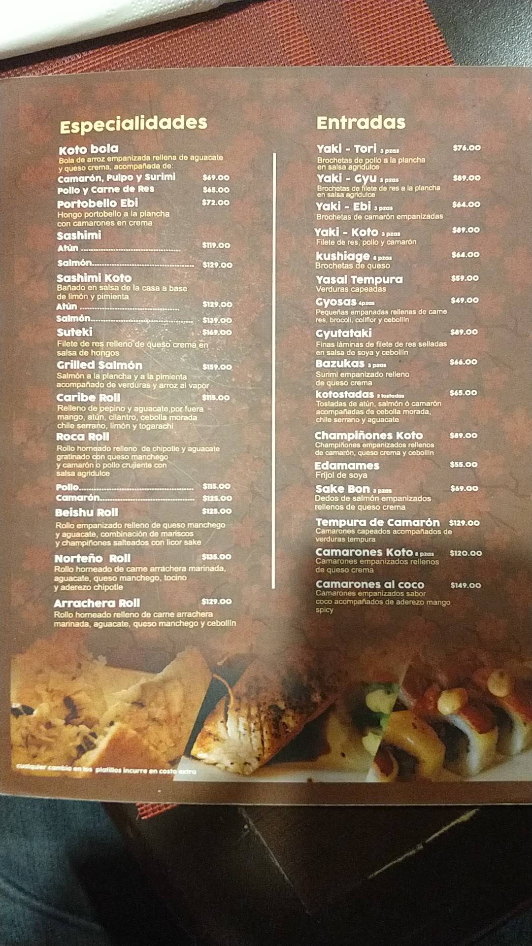 Carta de Koto Sushi Bar Gómez, Gómez Palacio