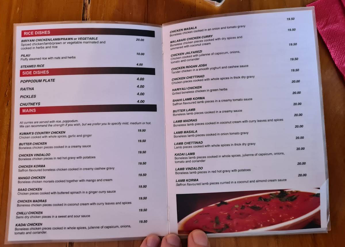 Menu at Kumar's Something Special restaurant, Paeroa