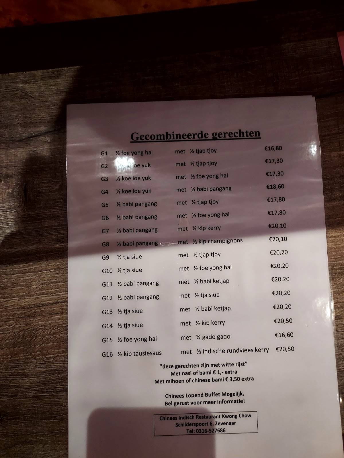 Menu at Kwong Chow Zevenaar, Zevenaar