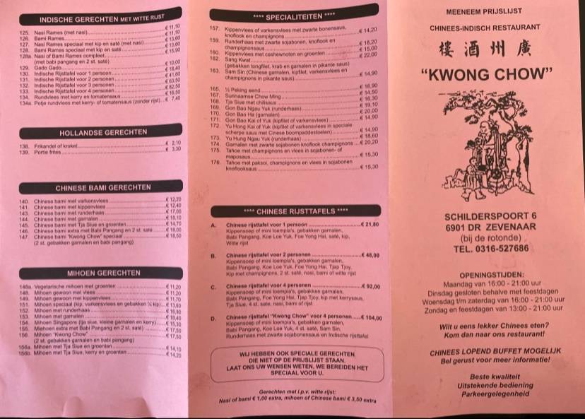 Menu at Kwong Chow Zevenaar, Zevenaar