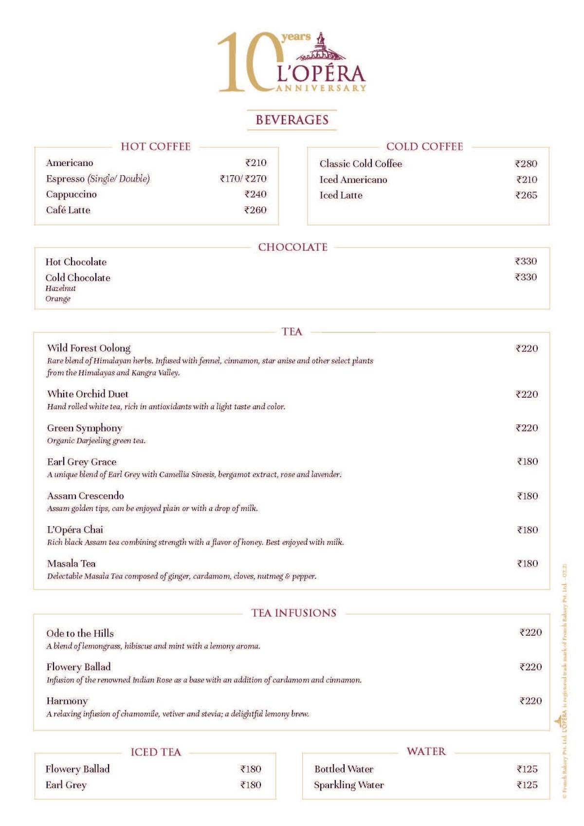 Menu at L'Opéra Bikaner House, New Delhi, Pandara Flats