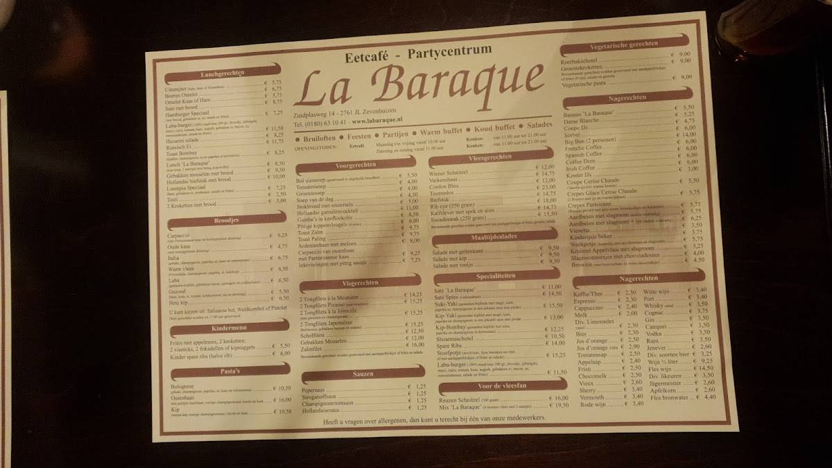 Speisekarte von La Baraque, Zevenhuizen, Zuidplasweg 12-14