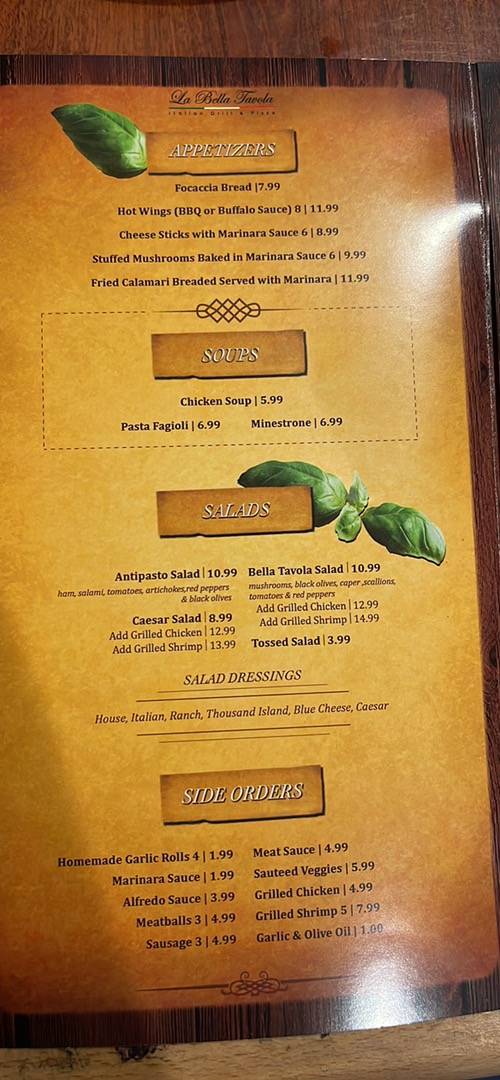 Menu at La Bella Tavola Italian Grill & Pizza pizzeria, Gonzales