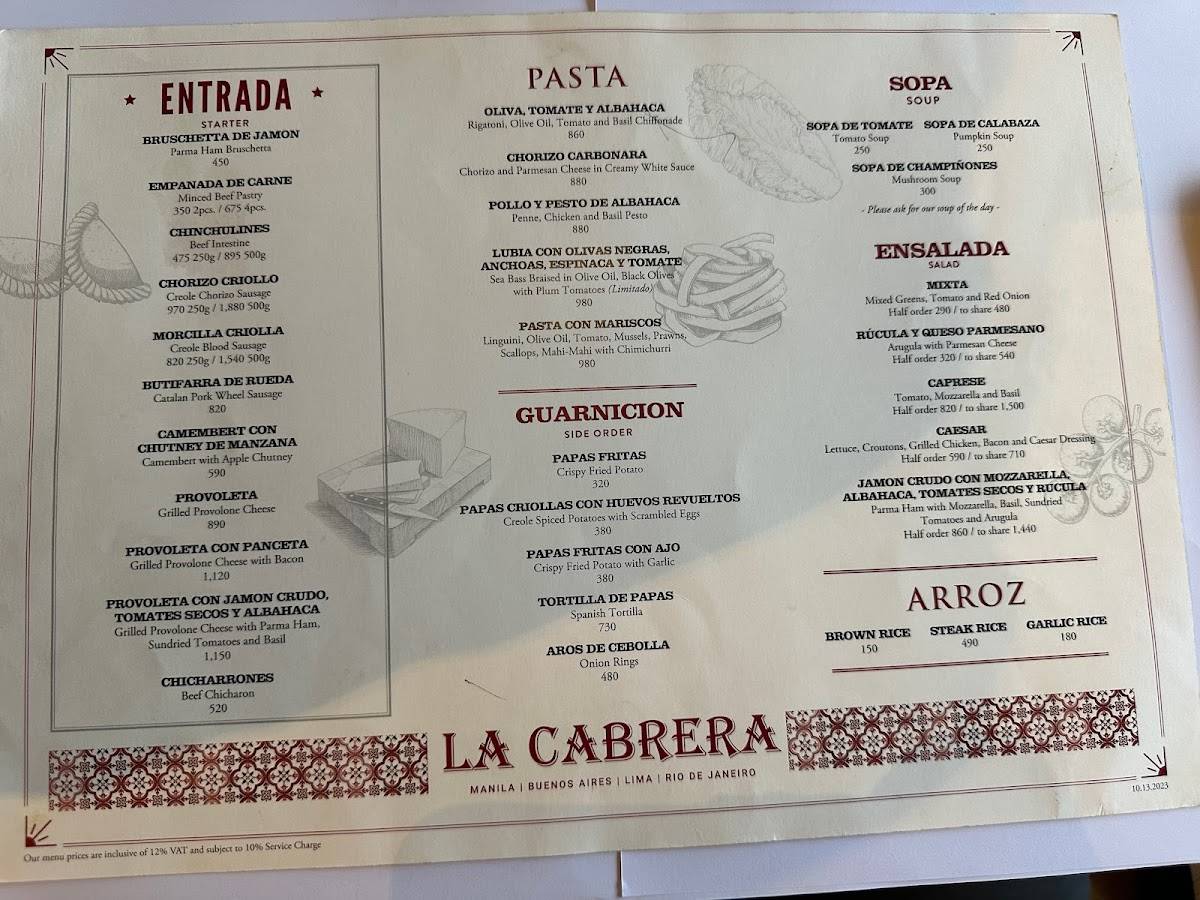 Menu at La Cabrera restaurant, Makati, H23G+46M