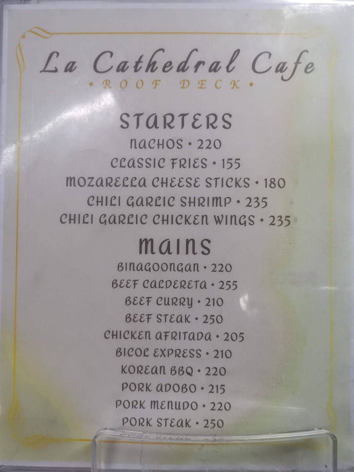 Menu at La Cathedral Cafe, Manila