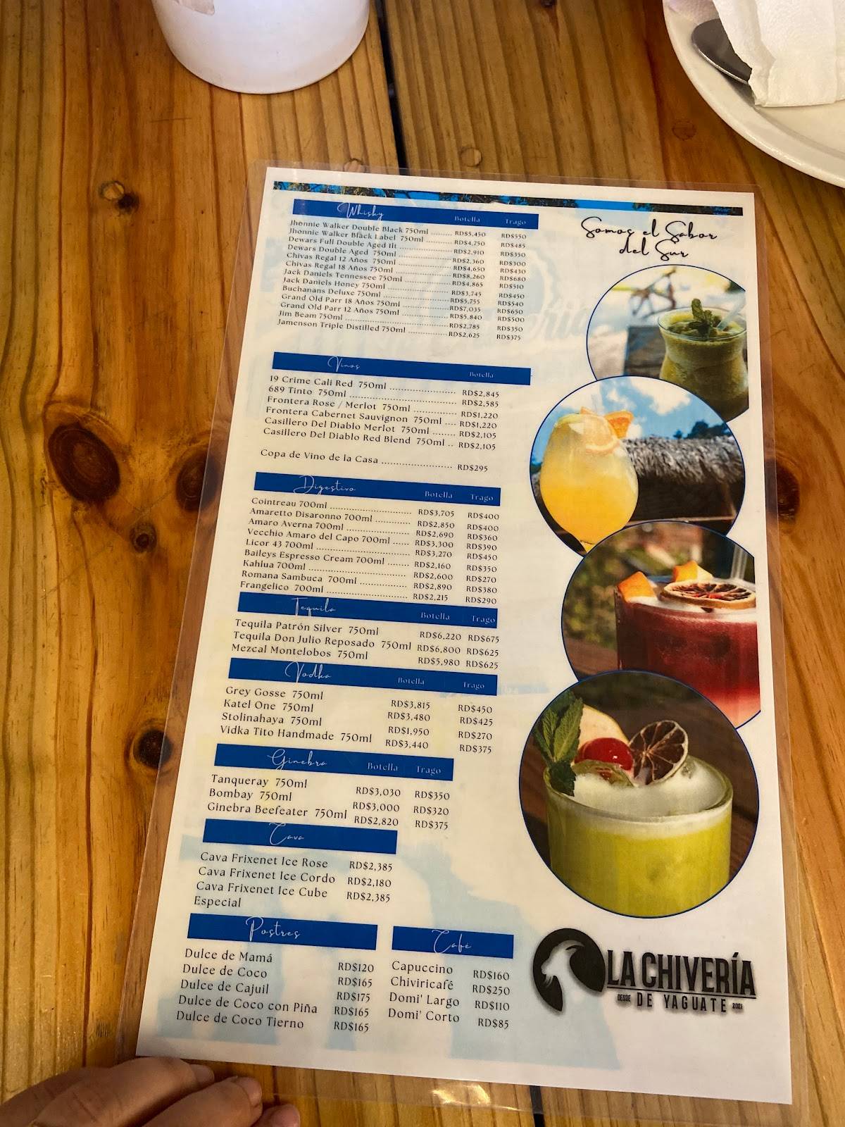 Carta del restaurante La Chivería del Yaguate, Dominicana