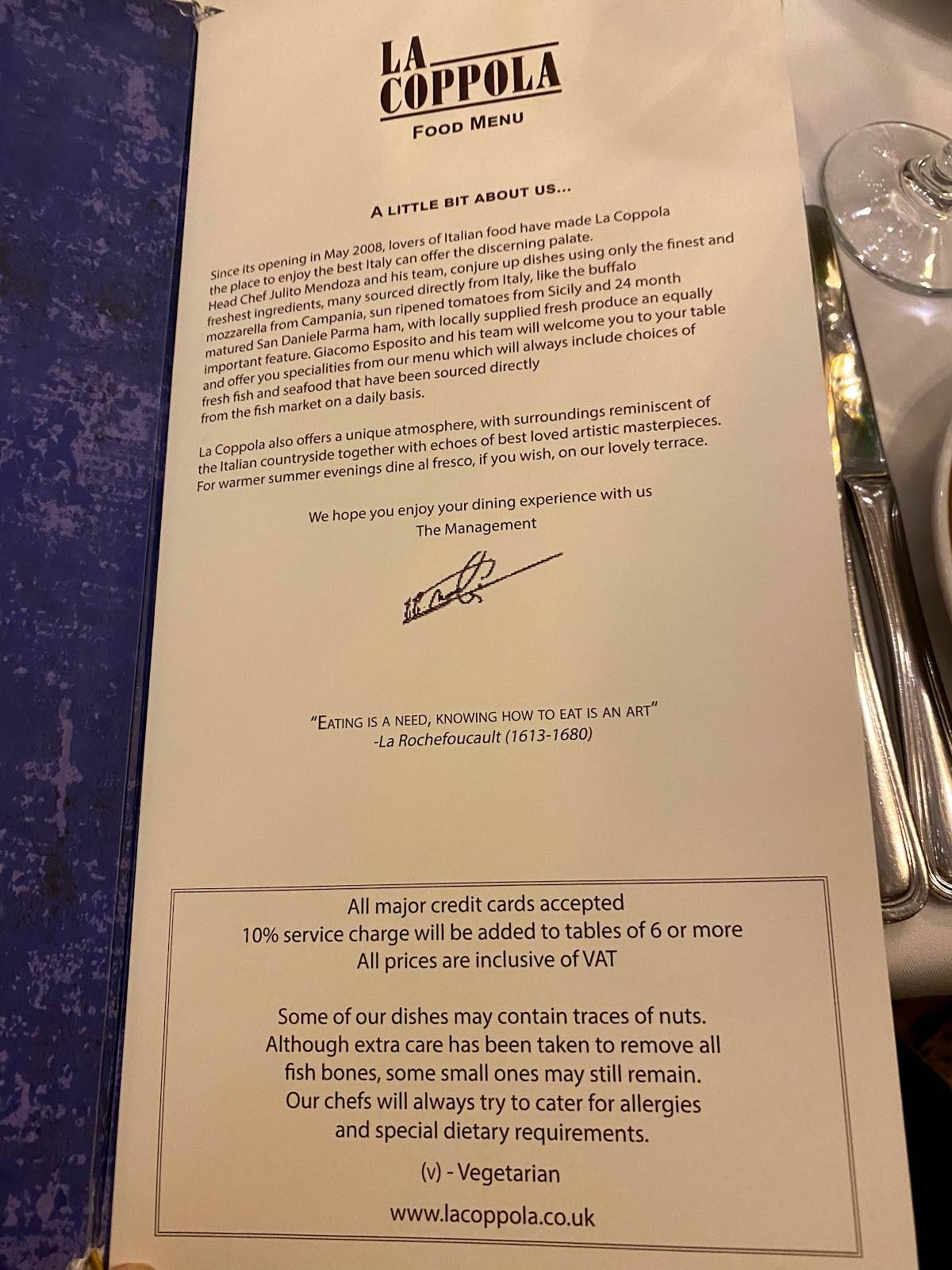 Menu at La Coppola Ristorante & Oyster Bar, Royal Leamington Spa