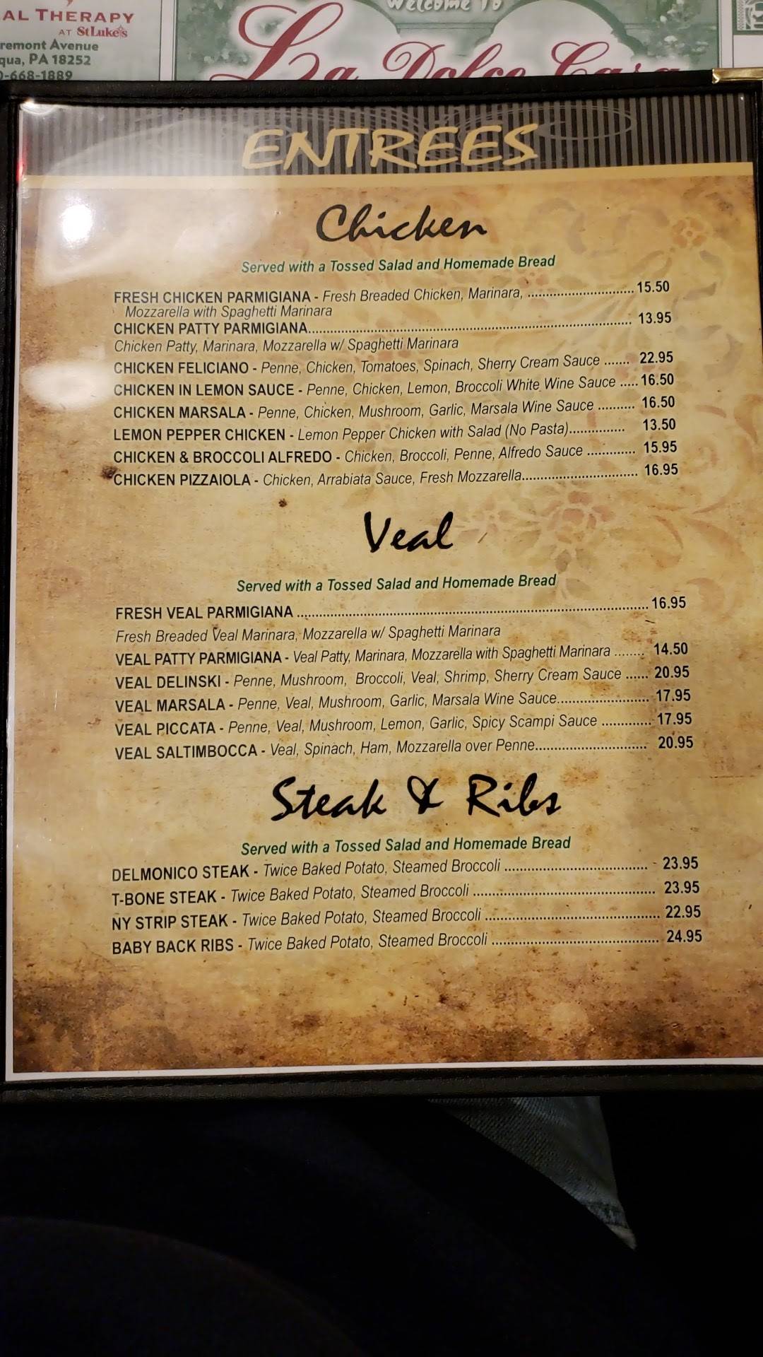 Menu at La Dolce Casa - DiMaggio's restaurant, Tamaqua