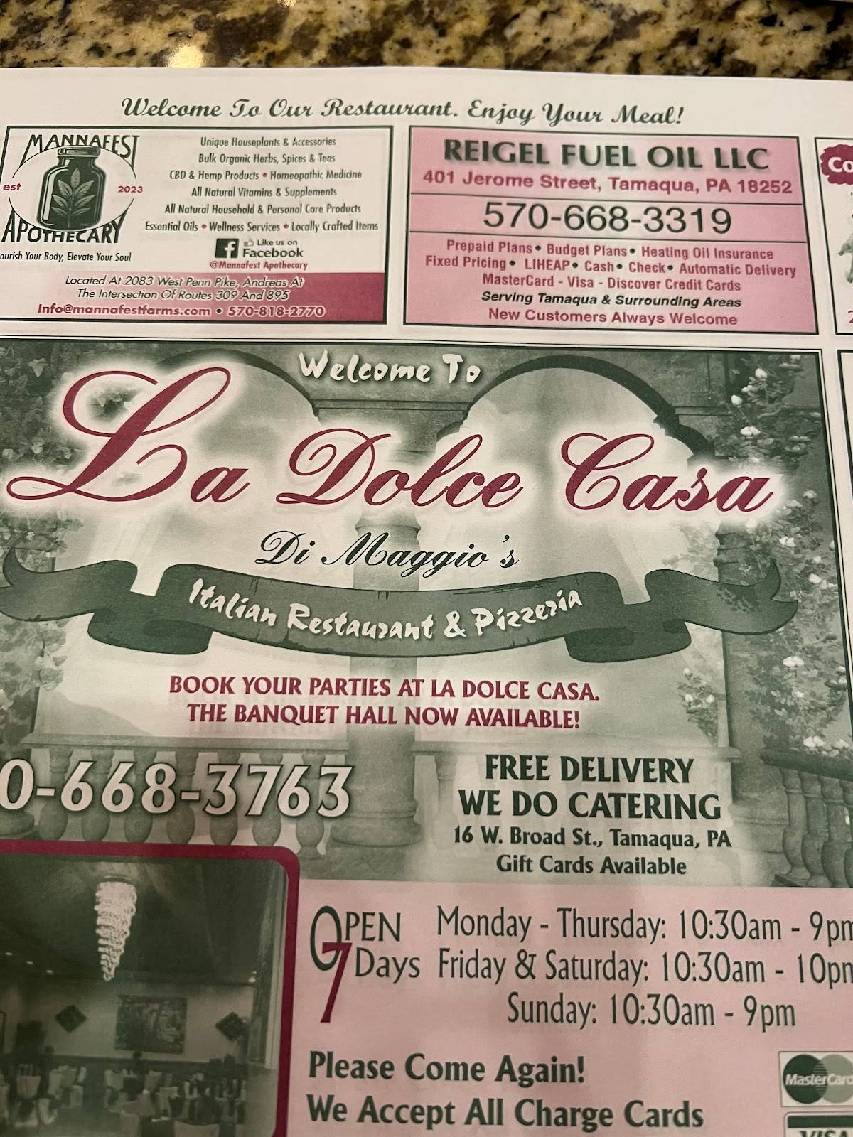 Menu at La Dolce Casa - DiMaggio's restaurant, Tamaqua