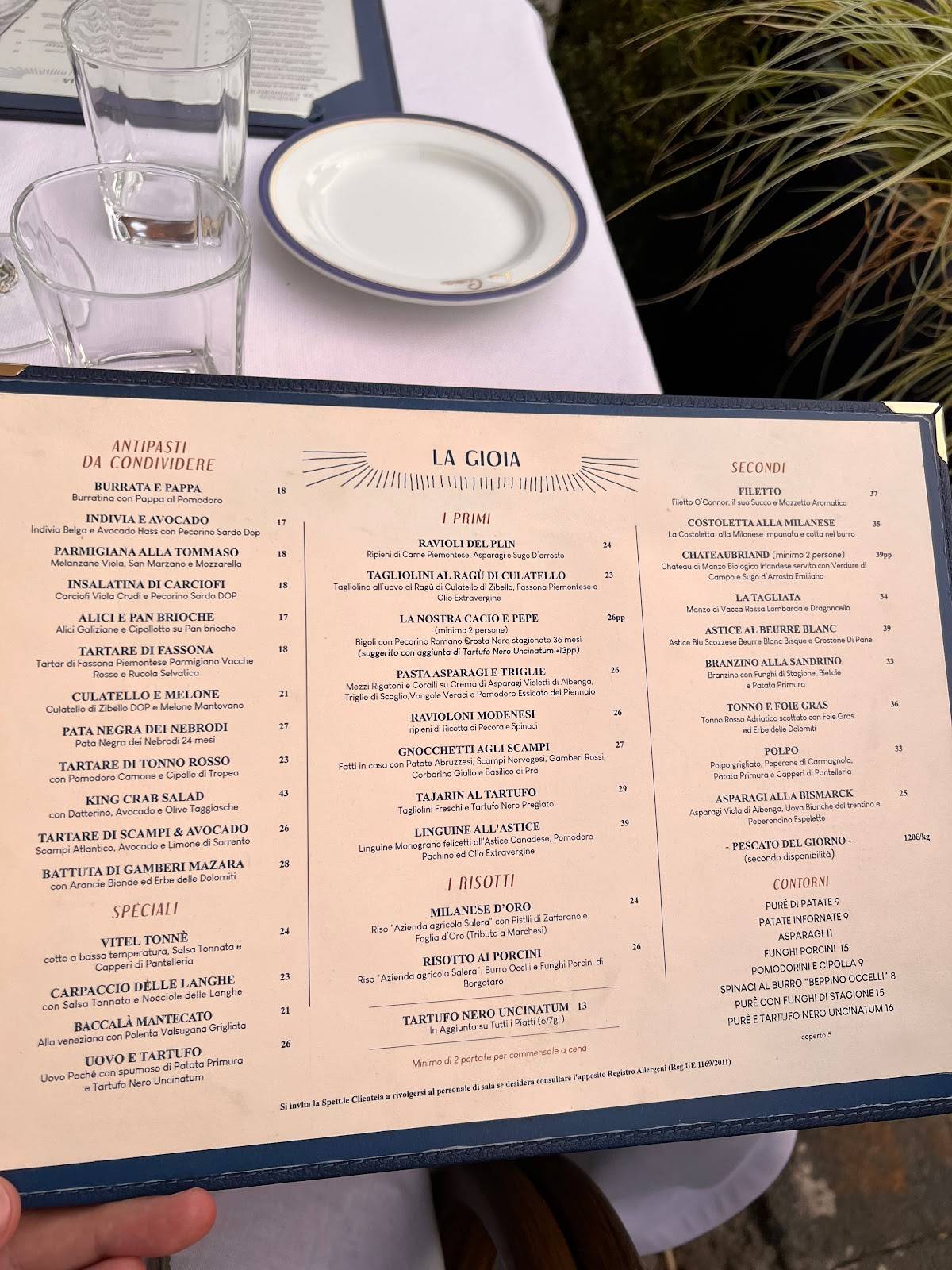 Menu da La Gioia ristorante, Milano